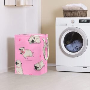 Inhomer Laundry Hamper Playing Pug Dog Funny Pink Collapsible Laundry Baskets Firm Washing Bin Clothes Storage Organization for Bathroom Bedroom Dorm