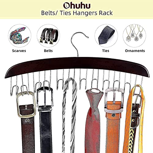 Ohuhu Tie Rack, Wooden Tie Organizer, 24 Tie Hanger Hook Storage Rack, Closet Accessory Organizer+Belt Rack, Ohuhu Durable Wooden Belt Organizer, 360 Degree Swivel Tie Rack Holder for Closet