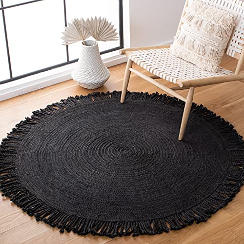 SAFAVIEH Braided Collection 5' Round Black BRD259Z Handmade Premium Jute Fringe Living Room Dining Bedroom Foyer Area Rug