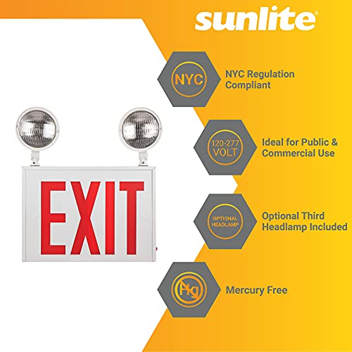 Sunlite 05275 LED Steel Exit Sign Combo, White Housing with Red Lettering, 90-Minute Battery Power Back-Up, Triple 360 Degree Adjustable Head Lamps, 200 Lumens, 120-277V, Fire Safety, NYC Compliant