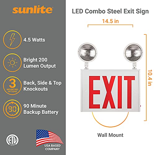 Sunlite 05275 LED Steel Exit Sign Combo, White Housing with Red Lettering, 90-Minute Battery Power Back-Up, Triple 360 Degree Adjustable Head Lamps, 200 Lumens, 120-277V, Fire Safety, NYC Compliant