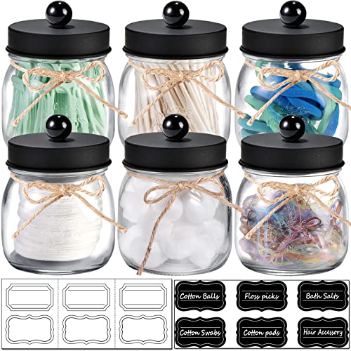 6 Pack Apothecary Jars Set,Mason Jar Decor Bathroom Vanity Storage Organizer Canister,Glass Qtip Holder Dispenser for Qtips,Cotton Swabs,Ball,bathoom accessories - Stainless Steel Lid (Black)