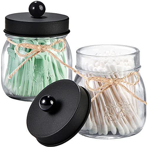 6 Pack Apothecary Jars Set,Mason Jar Decor Bathroom Vanity Storage Organizer Canister,Glass Qtip Holder Dispenser for Qtips,Cotton Swabs,Ball,bathoom accessories - Stainless Steel Lid (Black)