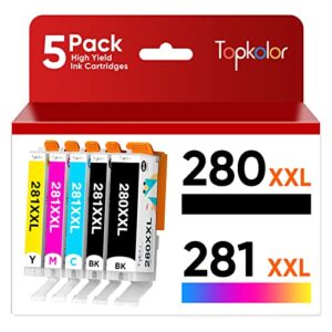 topkolor 280xxl 281xxl ink cartridge compatible for canon 280 281 ink for printer tr8520 ts6320 ts6120 tr7520 ts6220 ts8120 ts8220 ts9120 ts9520 5 pack(pgbk black c m y)