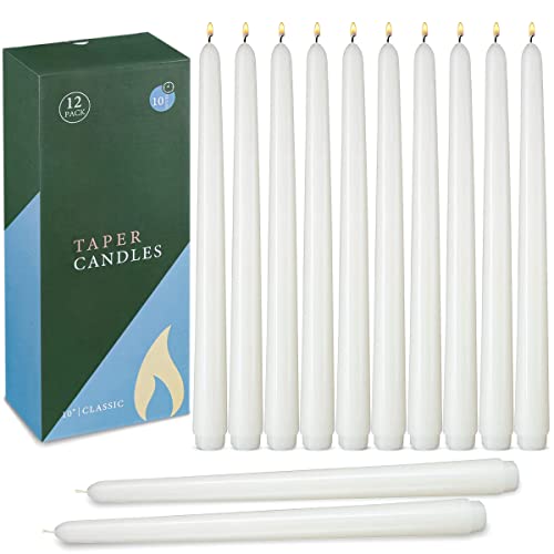 CoCo-Life White Taper Candles 10 inch Unscented Tall Dripless Candlesticks 12 Packs for Home, Wedding, Parties and Special Occasions, Off-white, 12 Pack 10 inch