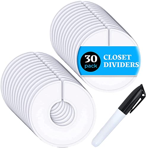 30 Closet Dividers for Hanging Clothes- White Closet Divider Set of 30 | Clothing Rack Dividers, Clothes Dividers for Closets, Closet Labels, Dividers Closet Clothes Dividers + Marker