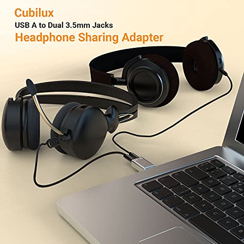 Cubilux USB A to Dual Headphone Splitter with DAC, USB to Double 3.5mm Stereo Audio Adapter, USB to 2X 1/8 Aux Splitter Compatible with Lenovo HP Dell Asus Computer Laptop PC