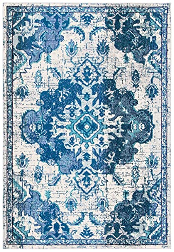 Safavieh Madison Collection 3' x 5' IvoryBlue MAD484A Boho Chic Medallion Distressed Non-Shedding Living Room Bedroom Entryway Accent Rug