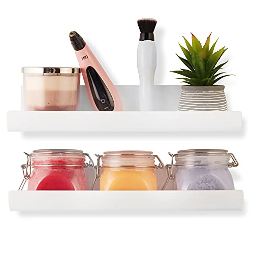 Clear Acrylic Floating Wall Shelves, Two Pack, 15 Inch Wall Bookshelf for Kids, 5 mm Acrylic Shelves for Kitchen, Shower, Nursery. Spice Rack, Display Organizer, Bathroom Storage Shelves (White)