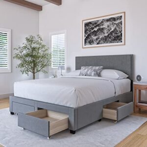 dg casa lucas upholstered platform bed frame with storage drawers nailhead trim headboard and full wooden slats, box spring not required-queen size in grey polyester blend fabric