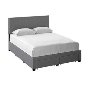 DG Casa Lucas Upholstered Platform Bed Frame with Storage Drawers Nailhead Trim Headboard and Full Wooden Slats, Box Spring Not Required-Queen Size in Grey Polyester Blend Fabric