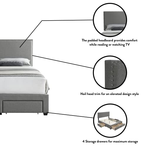 DG Casa Lucas Upholstered Platform Bed Frame with Storage Drawers Nailhead Trim Headboard and Full Wooden Slats, Box Spring Not Required-Queen Size in Grey Polyester Blend Fabric