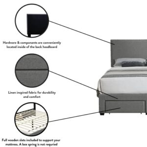 DG Casa Lucas Upholstered Platform Bed Frame with Storage Drawers Nailhead Trim Headboard and Full Wooden Slats, Box Spring Not Required-Queen Size in Grey Polyester Blend Fabric