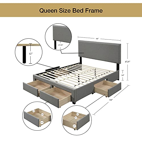 DG Casa Lucas Upholstered Platform Bed Frame with Storage Drawers Nailhead Trim Headboard and Full Wooden Slats, Box Spring Not Required-Queen Size in Grey Polyester Blend Fabric