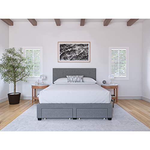 DG Casa Lucas Upholstered Platform Bed Frame with Storage Drawers Nailhead Trim Headboard and Full Wooden Slats, Box Spring Not Required-Queen Size in Grey Polyester Blend Fabric