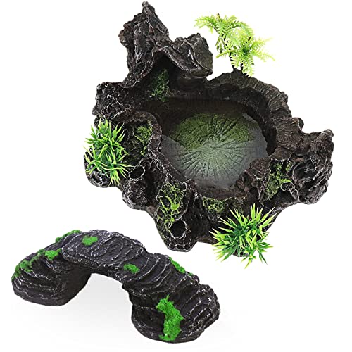 DOHAOOE Reptile Tank Accessories Habitat Water Dish Tree Trunk and Artificial Arched Rock Bridge for Bearded Dragon Leopard Gecko Lizard Snake Chameleon Hermit Crab Ball Python Water Frog Turtle