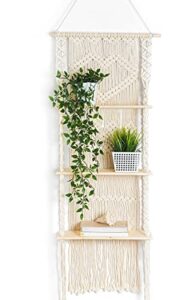 kaltek macrame wall hanging shelf - 3 tier wall shelves with handmade woven macrame rope - boho shelves organizer hanger for kitchen, bathroom, home storage, floating indoor plant wall shelf