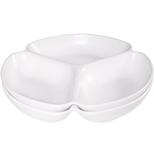 Aquiver 9 inch Matte Ceramic Divided Serving Platter & Tray - 3 Compartment White Serving Plates for Candy, Nuts, Fruit, Veggies, Appetizers, Set of 2