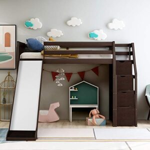 Twin Loft Bed with Slide and 3 Storage Grids, Wood Storage Twin Loft Bed Frame with Staircase and Guardrail for Kids, Twin Size, No Box Spring Needed, (White) (Espresso)