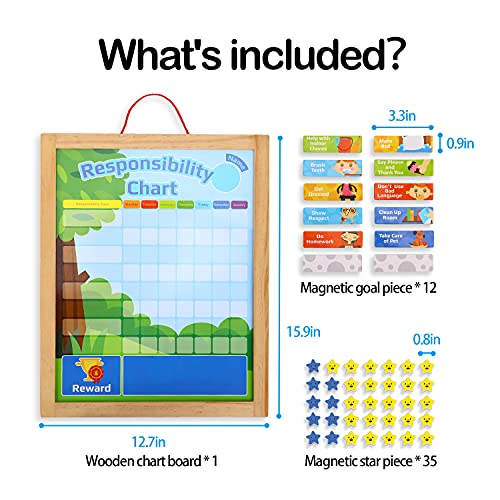 TOOKYLAND Responsibility Chart for Kids, Magnetic Chore Chart for Kid at Home, Wooden Reward Chart with 12 Goals and 35 Reward Stars