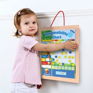 TOOKYLAND Responsibility Chart for Kids, Magnetic Chore Chart for Kid at Home, Wooden Reward Chart with 12 Goals and 35 Reward Stars