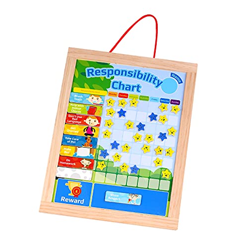 TOOKYLAND Responsibility Chart for Kids, Magnetic Chore Chart for Kid at Home, Wooden Reward Chart with 12 Goals and 35 Reward Stars