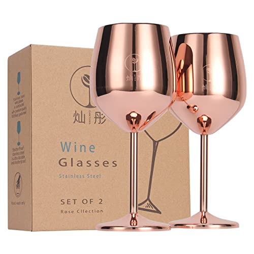 CANTONG Rose Gold Wine Glasses 18 oz, Long Stem Stainless Steel Wine Glasses, Wine Glasses set of 2