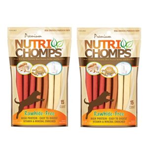 nutrichomps dog chews, 5-inch twists, easy to digest, rawhide-free dog treats, 15 count, real chicken, peanut butter and milk flavors, bundle of 2, brown, red, cream (nt051v-2)