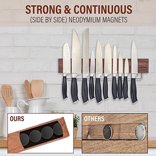 16 Inch Magnetic Knife Holder - U-Gen Real Walnut Wood Magnetic Knife Holder for Wall - Powerful Magnetic Knife Strip with Hooks - Easy to Install - Perfect for Kitchen Utensils and Knives Storage