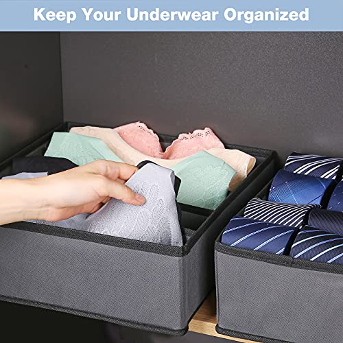 Puricon 6 Set Closet Organizer Underwear Drawer Storage, Dresser Drawer Organizers Box for Bras Socks Underwear Clothes Ties Belts Lingerie, Foldable Fabric -Grey