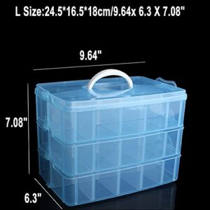 ZLY 3-Tier Demountable Plastic Jewelry Box Organizer Storage Container with Adjustable Dividers 30（Large） Grids (Blue, XL-30 Grids)