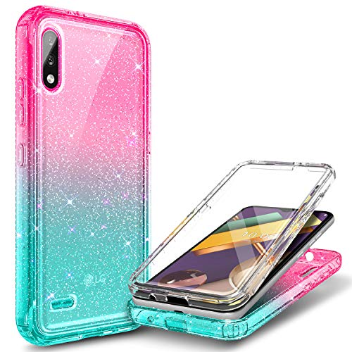 NZND Case for LG K22/K32/K22+ Plus with [Built-in Screen Protector], Full-Body Shockproof Protective Rugged Bumper Cover, Impact Resist Durable Phone Case (Glitter Pink/Aqua)