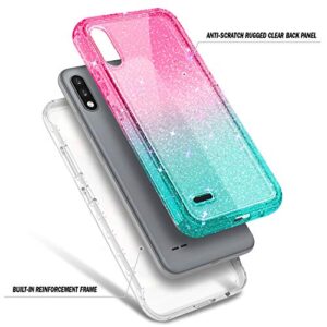 NZND Case for LG K22/K32/K22+ Plus with [Built-in Screen Protector], Full-Body Shockproof Protective Rugged Bumper Cover, Impact Resist Durable Phone Case (Glitter Pink/Aqua)