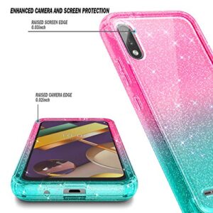 NZND Case for LG K22/K32/K22+ Plus with [Built-in Screen Protector], Full-Body Shockproof Protective Rugged Bumper Cover, Impact Resist Durable Phone Case (Glitter Pink/Aqua)