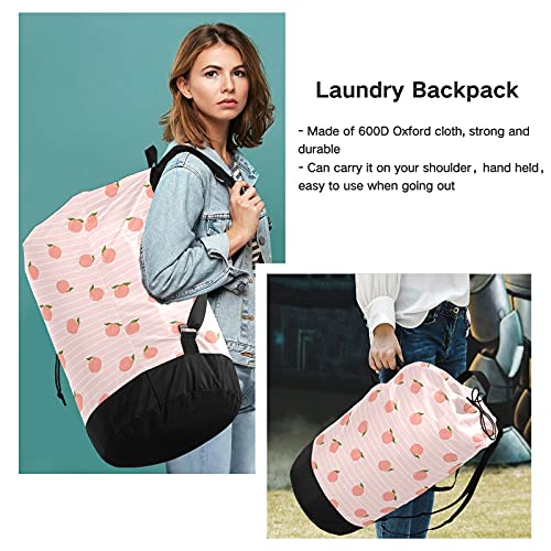 ALAZA Cute Pink Peach and Stripes Laundry Bag Backpack Clothes Hamper Bag with Adjustable Shoulder Straps Drawstring Closure for Home Apartment College Dorm Travel