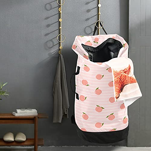 ALAZA Cute Pink Peach and Stripes Laundry Bag Backpack Clothes Hamper Bag with Adjustable Shoulder Straps Drawstring Closure for Home Apartment College Dorm Travel