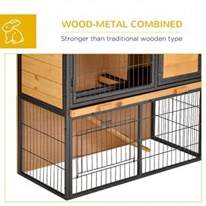 PawHut Wooden Rabbit Hutch Metal Frame Small Animal Habitat with No Leak Tray, Asphalt Openable Roof,Ramp and Lockable Door for Outdoor Light Yellow