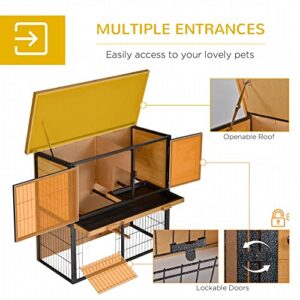 PawHut Wooden Rabbit Hutch Metal Frame Small Animal Habitat with No Leak Tray, Asphalt Openable Roof,Ramp and Lockable Door for Outdoor Light Yellow