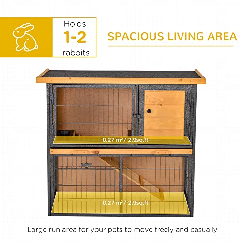 PawHut Wooden Rabbit Hutch Metal Frame Small Animal Habitat with No Leak Tray, Asphalt Openable Roof,Ramp and Lockable Door for Outdoor Light Yellow