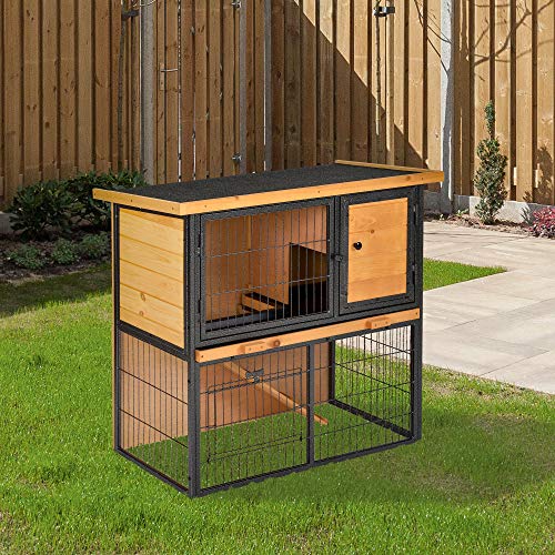 PawHut Wooden Rabbit Hutch Metal Frame Small Animal Habitat with No Leak Tray, Asphalt Openable Roof,Ramp and Lockable Door for Outdoor Light Yellow