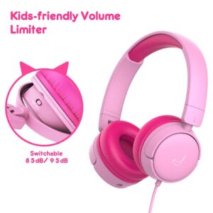 vinamass Kids Headphones, Toddler Headphones with Decorative Cat Ear, 85dB/94dB Safe Volume Limit, for Kids, Boys, Girls, Audio Sharing, Foldable Wired Children Headphones(Pink)