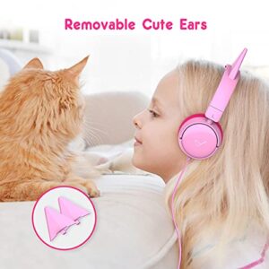 vinamass Kids Headphones, Toddler Headphones with Decorative Cat Ear, 85dB/94dB Safe Volume Limit, for Kids, Boys, Girls, Audio Sharing, Foldable Wired Children Headphones(Pink)