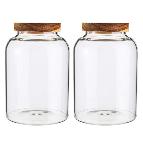 Bekith 2 Pack Large Glass Food Storage Container with Airtight Wooden Lid, 66 FL OZ(1950ml) Glass Food Canister for Kitchen and Pantry Organization, Cereal Dispenser Jars for Spaghetti Pasta, Tea, Coffee