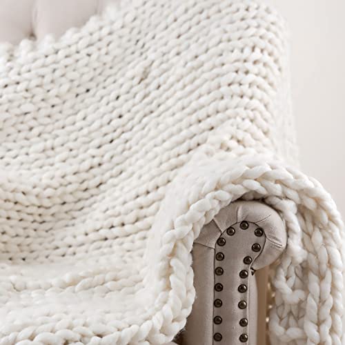 Chunky Knit Throw Blanket - Hand Made - Acrylic & Wool Boho Blankets for Chair, Sofa, Bed & Home Decorations - Warm Cover - Decorative Furnishings - 50’’ x 70’’ - Ivory – Woven.St