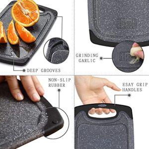 Viretang Plastic Cutting Board, 3 Pieces Dishwasher Safe Cutting Boards for Kitchen with Juice Grooves, Easy Grip Handle, Non-Slip, with Grinding Area for Grinding Garlic and Ginger（Dark Grey）