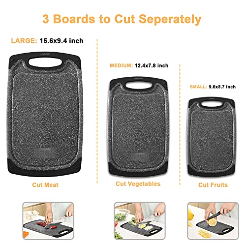 Viretang Plastic Cutting Board, 3 Pieces Dishwasher Safe Cutting Boards for Kitchen with Juice Grooves, Easy Grip Handle, Non-Slip, with Grinding Area for Grinding Garlic and Ginger（Dark Grey）