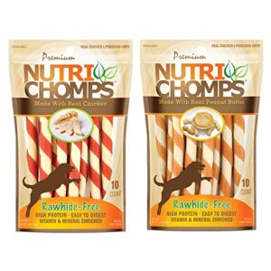 nutrichomps dog chews 5-inch twists, easy to digest, rawhide-free dog treats, real peanut butter flavor & real chicken flavor (nt112v) - 10 count (pack of 2)