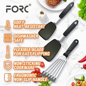 Silicone Spatula, Forc 3 Pack 600°F Heat Resistant BPA Free Nonstick Cookware Dishwasher Safe Flexible Sturdy Nonporous Spatula Set, Rubber Spatula for Flipping Eggs, Steak, Burgers, Crepes,Black