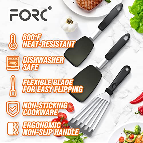 Silicone Spatula, Forc 3 Pack 600°F Heat Resistant BPA Free Nonstick Cookware Dishwasher Safe Flexible Sturdy Nonporous Spatula Set, Rubber Spatula for Flipping Eggs, Steak, Burgers, Crepes,Black