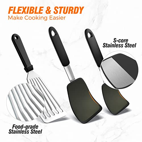 Silicone Spatula, Forc 3 Pack 600°F Heat Resistant BPA Free Nonstick Cookware Dishwasher Safe Flexible Sturdy Nonporous Spatula Set, Rubber Spatula for Flipping Eggs, Steak, Burgers, Crepes,Black